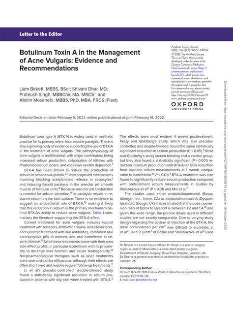 Botulinum Toxin A In The Management Of Acne Vulgaris Pdf Botulinum Toxin Clinical Medicine