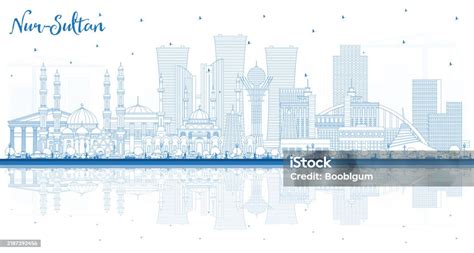 누르 술탄 카자흐스탄 도시의 스카이 라인을 푸른 건물과 반사로 윤곽선 랜드마크가 있는 누르술탄 도시 풍경 현대 건축과 비즈니스 여행 및 관광 개념 0명에 대한 스톡 벡터
