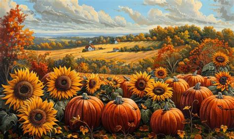 Autumn Landscape With A Field Of Pumpkins And Sunflowers In A Rural