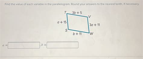 solved find the value of each variable in the parallelogram round