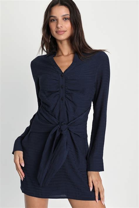 Navy Blue Mini Dress Long Sleeve Dress Tie Waist Midi Dress Lulus