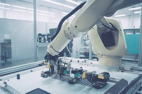 Robotic Arm Assembling Complex Circuit Board In High Tech Factory Stock