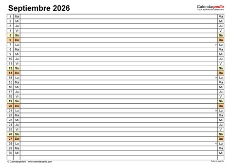 Calendario Septiembre 2026 En Pdf Excel Y Word Calendarpedia