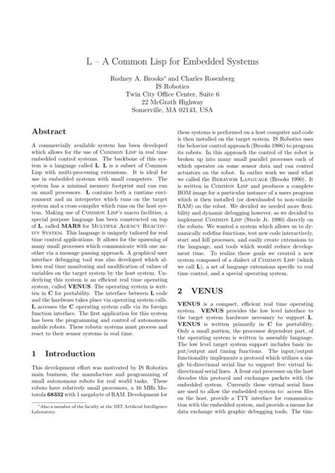 Pdf L A Common Lisp For Embedded Systems