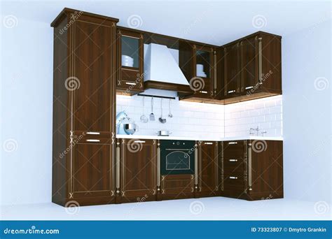 Classic Wooden Kitchen Furniture 3d Render Stock Image Image Of