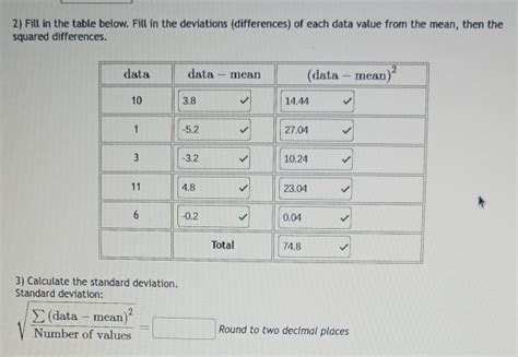 2 Fill In The Table Below Fill In The Deviations Differences Of Each Data Value From T