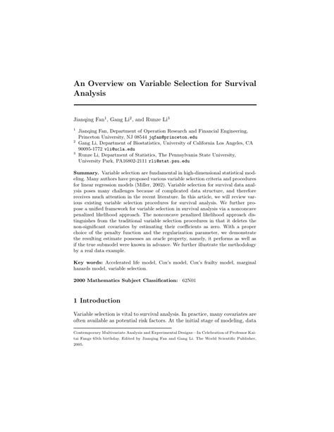 Pdf An Overview On Variable Selection For Survival Analysis