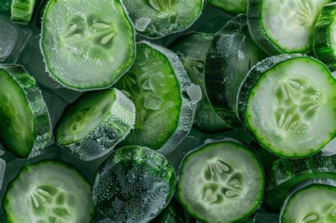 Close Up Of Frozen Cucumber Slices Fresh And Vibrant Green In Color