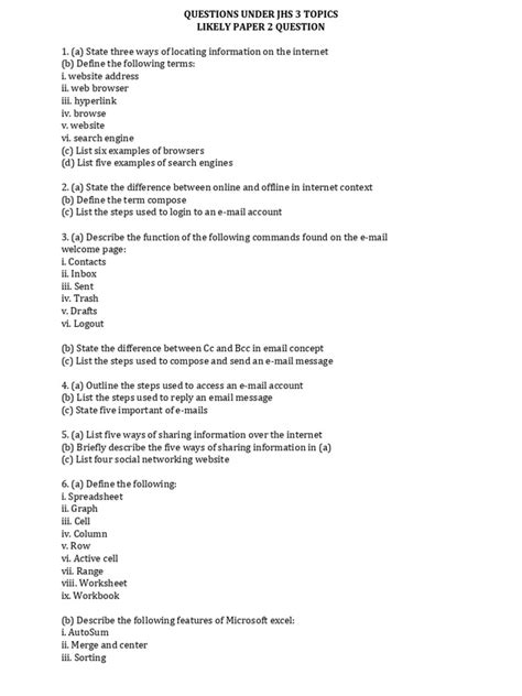 2021 Likely Questions Under Jhs 3 Topics Pdf Microsoft Excel