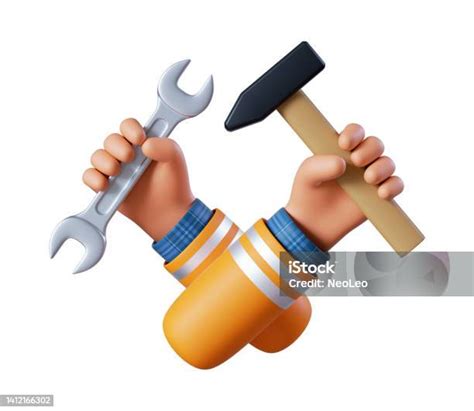 3d 렌더링 만화 인간의 손은 망치와 스패너 렌치를 잡습니다 건축 도구를 가진 직업적인 목수 또는 목공예사 구성 아이콘입니다 흰색 배경에 고립 된 리노베이션 서비스 클립