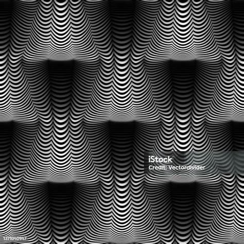 그라데이션 흑백 물결 줄무늬의 벡터 매끄러운 패턴 벽지 디자인에 대한 Op 아트 볼륨 텍스처 3차원 형태에 대한 스톡 벡터 아트