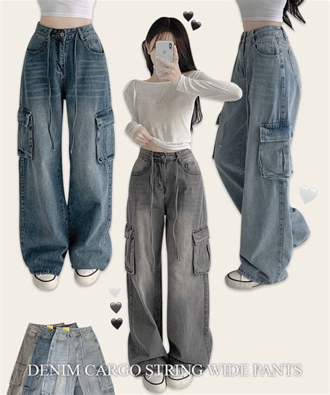 당일발송 인생핏💓허리조절 틴스 하이웨스트 스트링 카고 빈티지 워싱 포켓 일자 와이드 데님팬츠 바지 청바지 에이블리