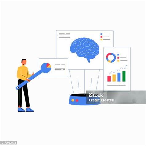 인공 지능 데이터 과학 및 기계 학습을 상징하는 평면 벡터 일러스트 레이 션의 남성 전문가와 함께 뇌 데이터 분석 흰색 배경에 고립 개념에 대한 스톡 벡터 아트 및 기타