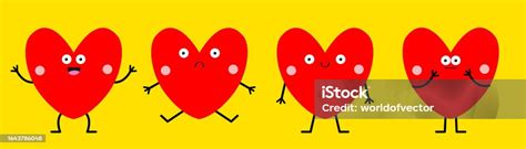 눈 웃는 얼굴 머리 손 다리가 있는 마음 해피 발렌타인 데이 빨간 하트 이모티콘 아이콘 세트입니다 귀여운 카와이 만화 캐릭터 사랑의 기호 기호입니다 인사말 카드 플랫 디자인
