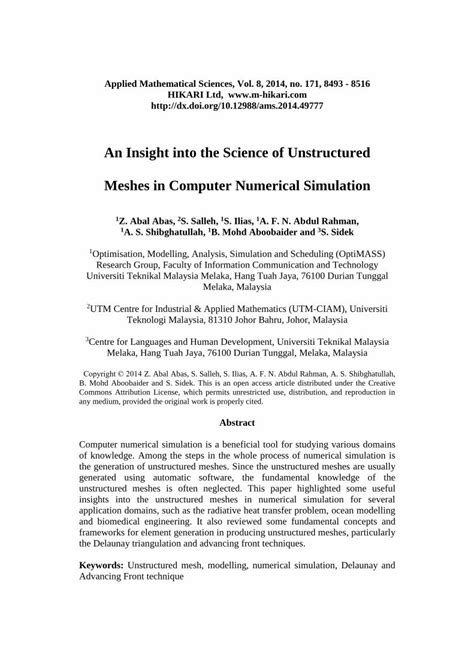 Pdf An Insight Into The Science Of Unstructured Meshes In €¦ · Application Areas Range From