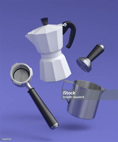보라색 배경에 경적과 간헐천 커피 메이커가 있는 에스프레소 커피 머신 3차원 형태에 대한 스톡 사진 및 기타 이미지 3차원
