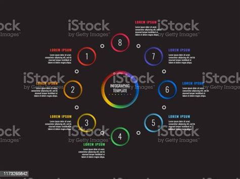 검은 색 배경에 둥근 종이 컷 요소가있는 8 단계 인포 그래픽 템플릿 비즈니스 프로세스 다이어그램 회사 프리젠 테이션 슬라이드 템플릿 현대 벡터 정보 그래픽 레이아웃 디자인
