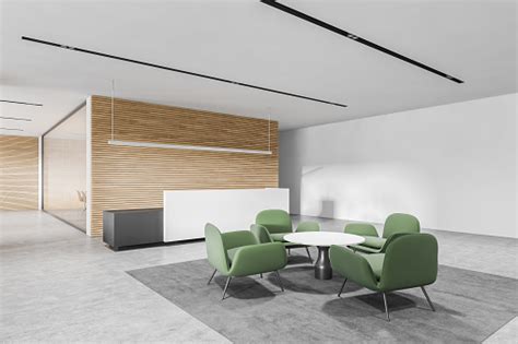 녹색 안락의자가 있는 현대적인 흰색 및 목재 사무실 대기실 코너 3차원 형태에 대한 스톡 사진 및 기타 이미지 3차원 형태 건축 0명 Istock