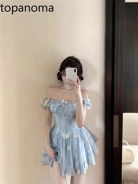 Topanoma Sweet Evening Dresses Women Flowers Slash Neck Ruffles Embroidery Ball Gown Mini