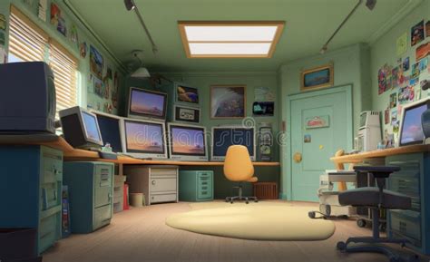 3d Cartoon Disney Pixar Style Computer Room Background Scene Stock Illustration Illustration