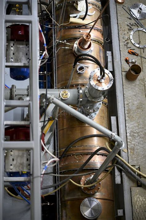 View Of Assembly Of The Copper Body Of An Industrial High Voltage Electron Accelerator Stock