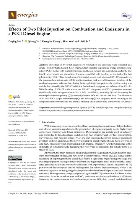 Pdf Effects Of Two Pilot Injection On Combustion And Emissions In A