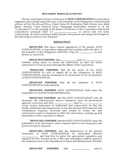 Board Resolution Dissolution Hcpi 03 05 2020 Pdf Corporations Employment