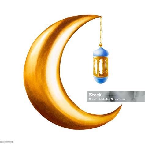 수채화 그림 의 이슬람 아라비아 황금 초승달 와 랜턴 와 무슬림 손으로 그린 휴일 라마단 카림 또는 이드 알 아드하 2024 디자이너 판화 엽서 포장지 휴일 표지 Eid