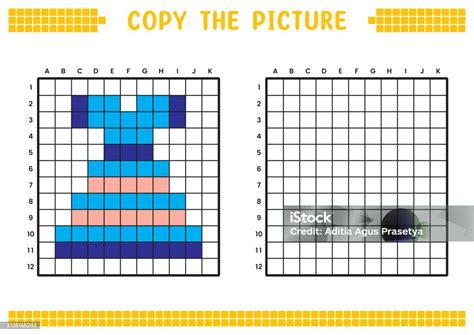 그림을 복사하고 그리드 이미지를 완성합니다 사각형으로 그리는 교육용 워크시트 셀 영역 색칠 유치원 활동 어린이 게임 만화 벡터 일러스트 레이 션 픽셀 아트 파란 원피스