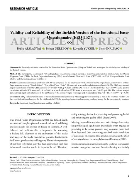 Pdf Validity And Reliability Of The Turkish Version Of The Emotional Eater Questionnaire Eeq Tr