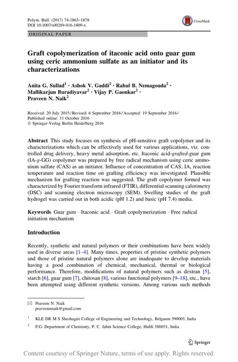 Graft Copolymerization Of Itaconic Acid Onto Guar Gum Using Ceric Ammonium Sulfate As An