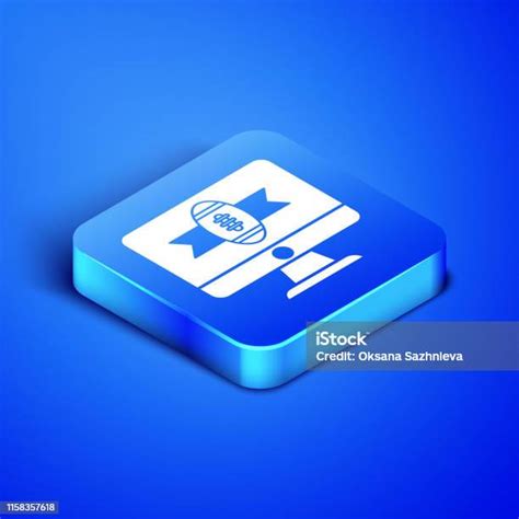 파란색 배경에 고립 된 Tv 프로그램 아이콘에 아이소 메트릭 미식 축구 파란색 사각형 버튼입니다 벡터 일러스트레이션 Lcd에 대한 스톡 벡터 아트 및 기타 이미지 Istock