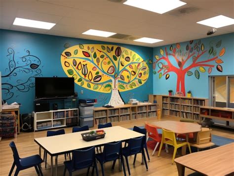 Premium AI Image A Classroom With A Tree Painted On The Wall