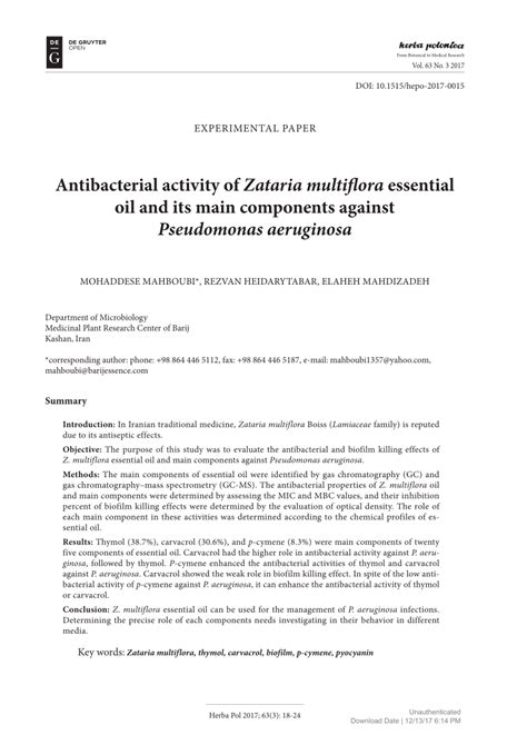 Pdf Antibacterial Activity Of Zataria Multiflora Essential Oil And Its Main Components Against