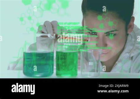 Animation Of Data Processing And Chemical Formula Over Caucasian Female Scientist With Test Tube