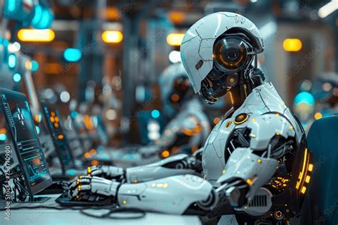 Advanced Humanoid Robot With Artificial Intelligence Working On Computers In A Futuristic