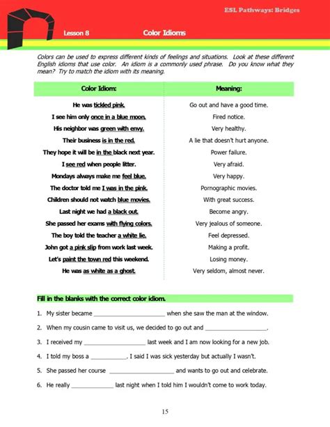 Adult Esl Lessons Color Idioms Intermediate Stickyball Esl Lessons