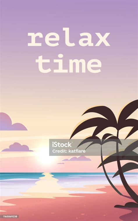 하늘 바다 해안 바다 야자수와 해변보기에 야생 자연 여름 일몰의 벡터 평면 풍경 그림 자연에 대한 스톡 벡터 아트 및 기타 이미지 Istock