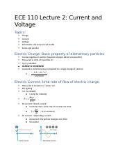 ECE Lecture Docx ECE Lecture Current And Voltage Topics Charge Current Voltage