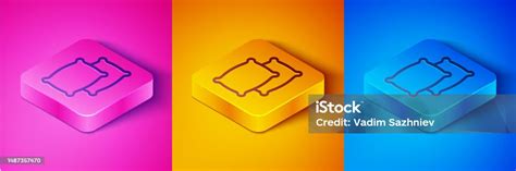 아이소메트릭 라인 직사각형 베개 아이콘은 분홍색과 주황색 파란색 배경에 분리되어 있습니다 쿠션 사인 정사각형 버튼 벡터 0명에