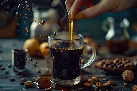 Womans Hand Adding Syrup In Ciffee Hazel Syrup For Coffee Nuts Coffee Like Syrup Coffee With