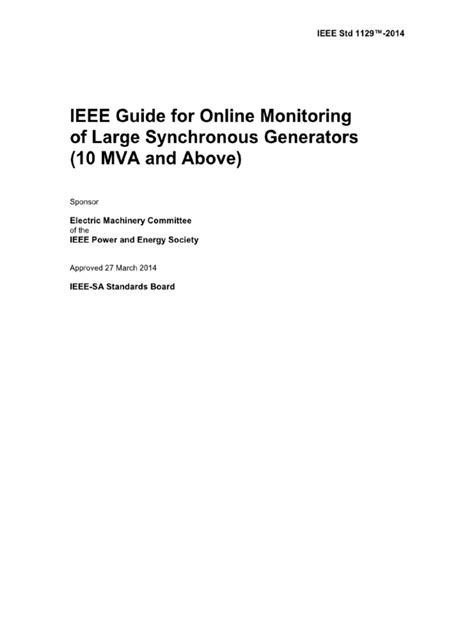 Ieee 1129 2014 Ieee Guide For Online Monitoring Of Large Synchronous Generators 10mva And Above