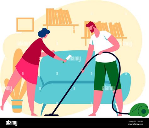 Man Using Vacuum Cleaner And Woman Cleaning Sofa With Lint Roller