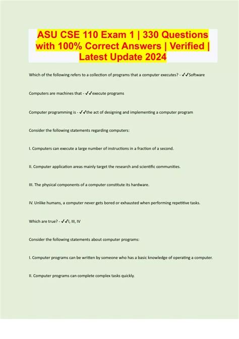 Asu Cse 110 Exam 1 330 Questions With 100 Correct Answers Verified