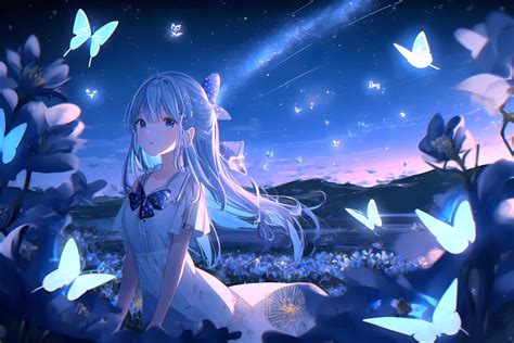 Download Starry Night Butterfly Girl Anime Wallpaper