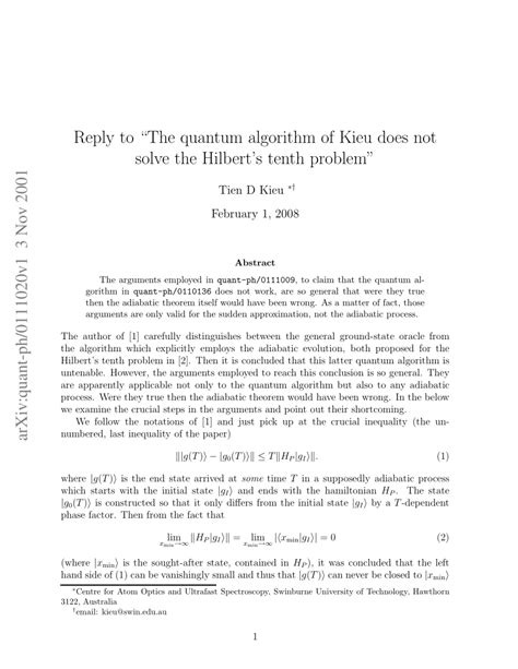 Pdf Reply To ``the Quantum Algorithm Of Kieu Does Not Solve The Hilberts Tenth Problem