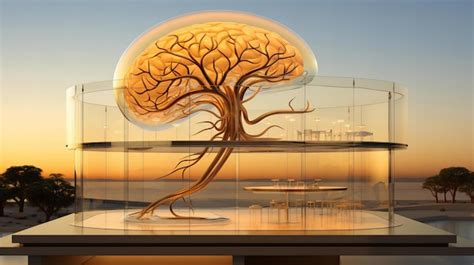 Premium AI Image Sculptural Tree Of Knowledge Brain Exhibit Encased In Glass At Sunset