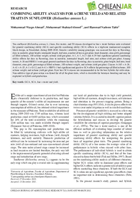 Pdf Combining Ability Analysis For Achene Yield And Related Traits In