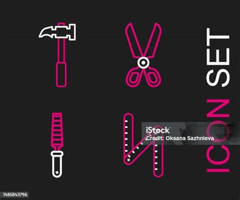 세트 라인 접는 눈금자 나무용 끌 도구 가위 및 발톱 망치 아이콘 벡터 가위에 대한 스톡 벡터 아트 및 기타 이미지 가위 갈고리 발톱 강철 Istock