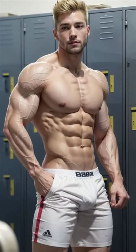 A Shirtless Man Standing In Front Of Lockers With His Hands On His Hips